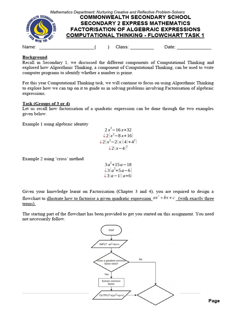 2024 2E Math CT Lesson Flowchart Task 1 Question Paper | PDF | Algorithms | Factorization
