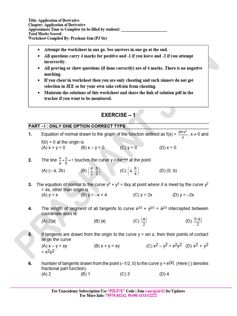 Worksheet - 7 Application of Derivative | PDF | Tangent | Function (Mathematics)