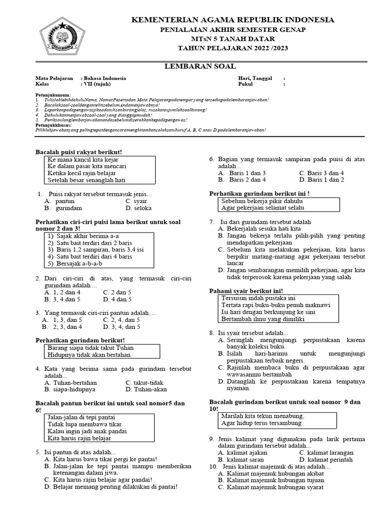 Soal Bindo 7 Sem 2023 | PDF