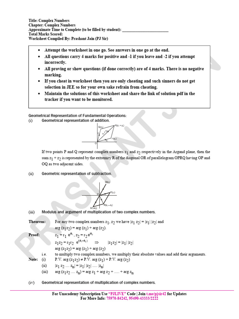 Worksheet - 2 Geometrical Representation, Conjugate & Triangle ...