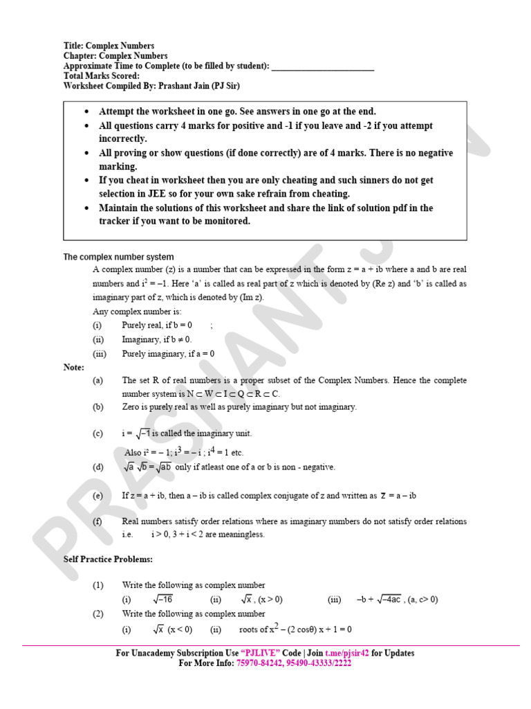 Worksheet -1 Algebraic Operations, Representation & Demoivre_s Theorem | PDF | Numbers | Complex ...