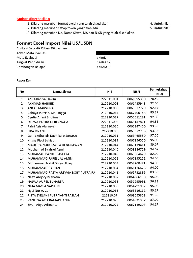 Format Nilai Us Usbn 20232 KIMIA - 1 Kimia | PDF
