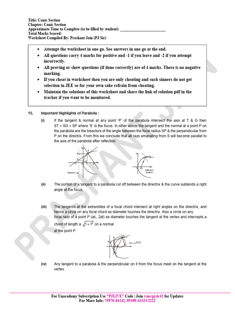 Worksheet-7 Important Results of Conics | Download Free PDF ...