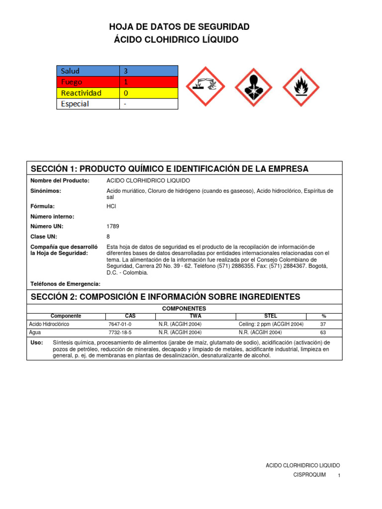 Hoja de Seguridad ACIDO MURIATICO | PDF | Ácido clorhídrico | Agua