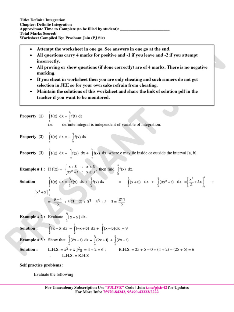 Worksheet - 2 - Property Definite Integral | PDF | Elementary Mathematics | Mathematical Relations