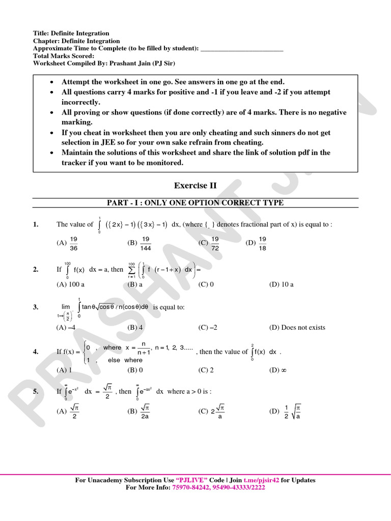 Worksheet - 6 Definite Integration | PDF | Mathematics | Mathematical Analysis