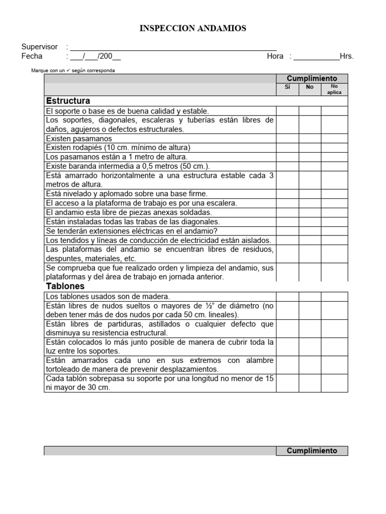 Inspección de Andamios: Checklist de Seguridad | PDF | Andamio