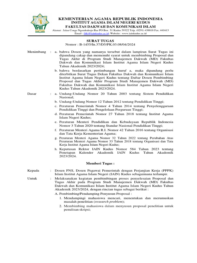 Revisi Surat Tugas Dosen Pemb Tugas Akhir FDKI 2024 Mhs MD Angkt 2021 | PDF