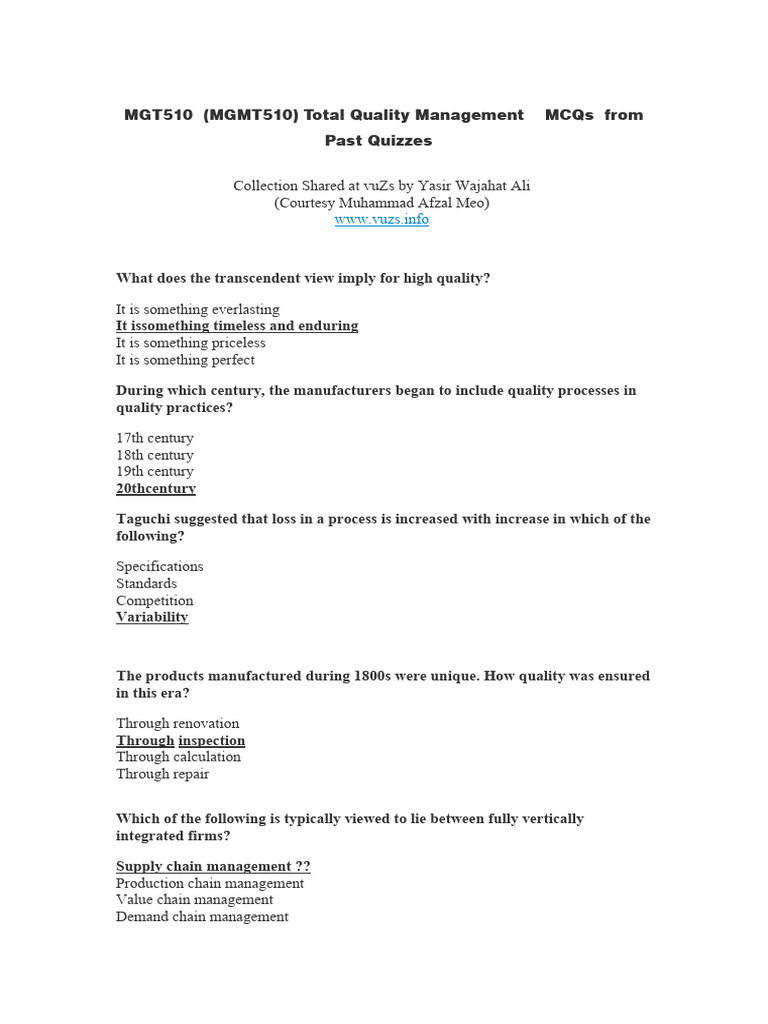 MGT510 mega file mcqs | PDF | Quality Management | Quality (Business) MGT510 mega file mcqs | PDF | Quality Management | Quality (Business)