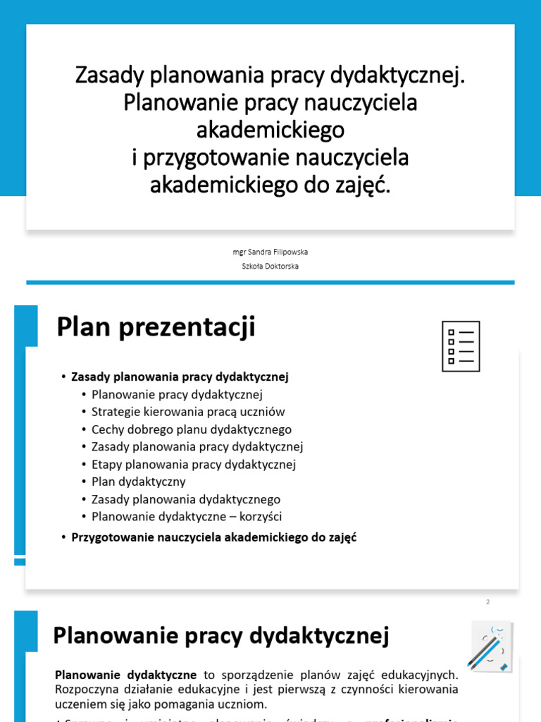 Zasady planowania pracy dydaktycznej. Planowanie pracy nauczyciela ...