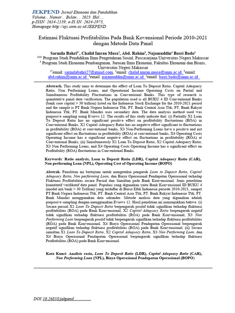 Revisi 1 Estimasi Fluktuasi Profitabilitas Metode Data Panel Pada Bank ...