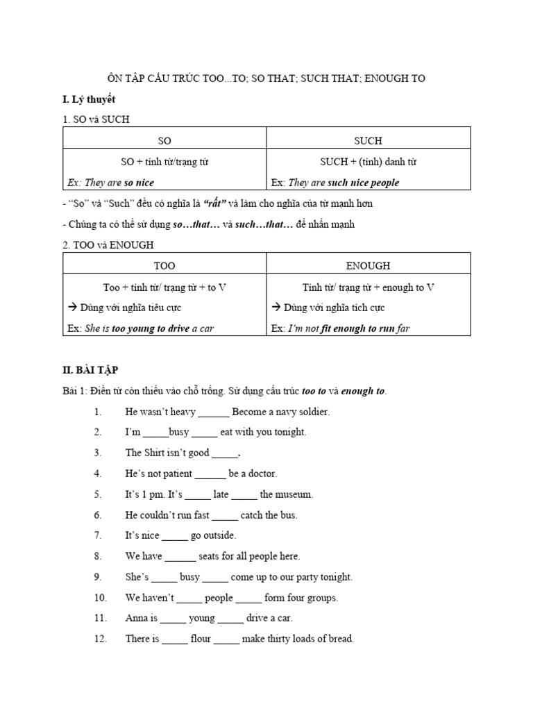 ÔN TẬP CẤU TRÚC TOO TO SO THAT | Download Free PDF | Drink