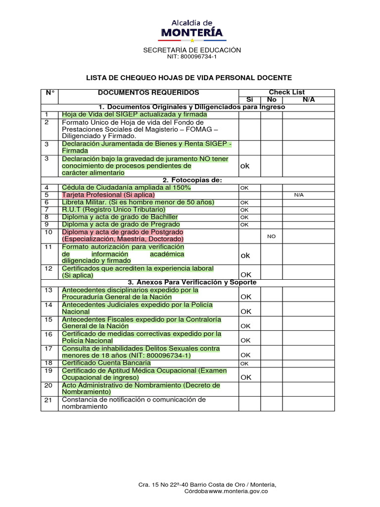 Lista de Chequeo - Hoja de Vida - Personal Docente en Provisionalidad ...