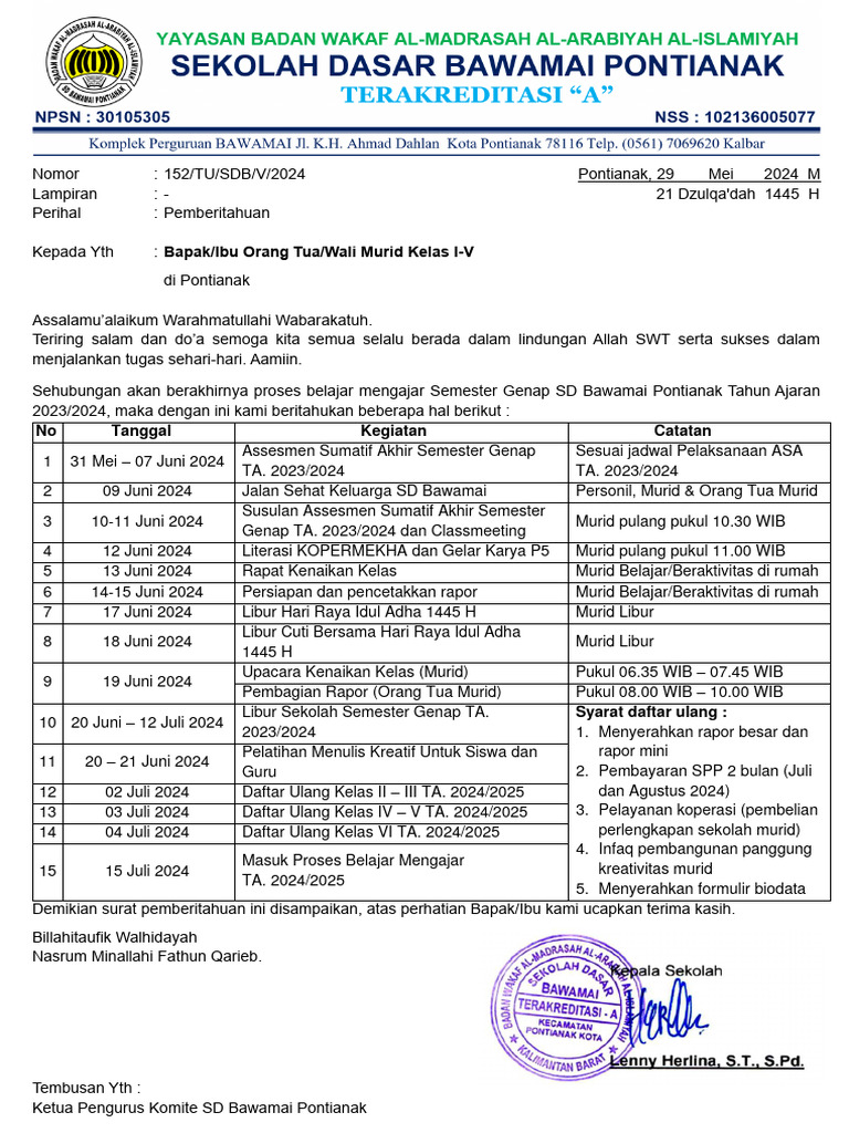 Surat Pemberitahuan Kegiatan Akhir Semester Genap | PDF