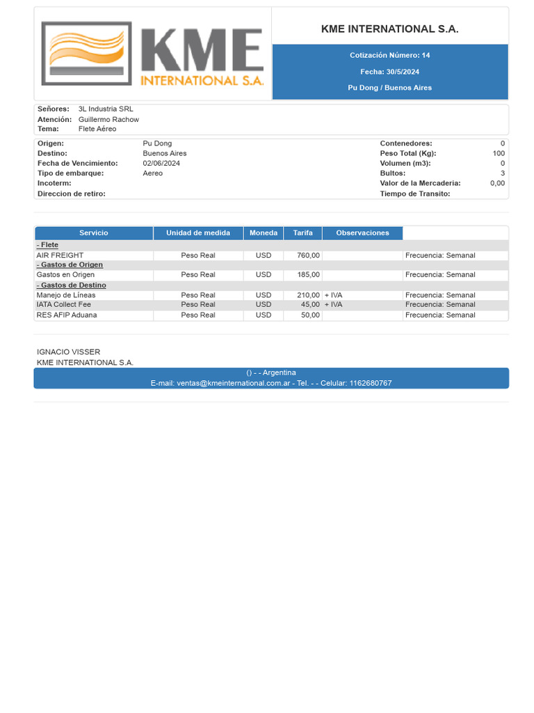 Cotizacion Aéreo - 3L Industrias SRL - Etiquetas - China BUE - 100Kg | PDF