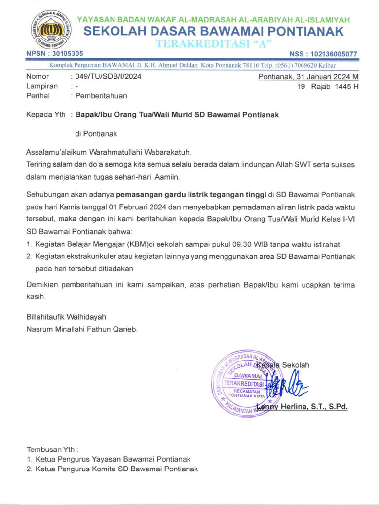 Pemberitahuan Kegiatan Belajar Mengajar 01 Fabruari 2024 | PDF