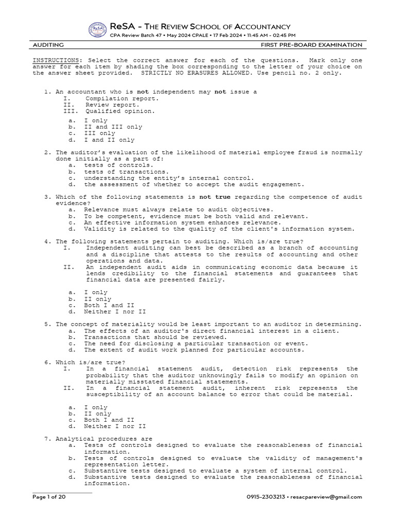 Resa 47 Aud First PB and Answer Key | PDF | Audit | Internal Control