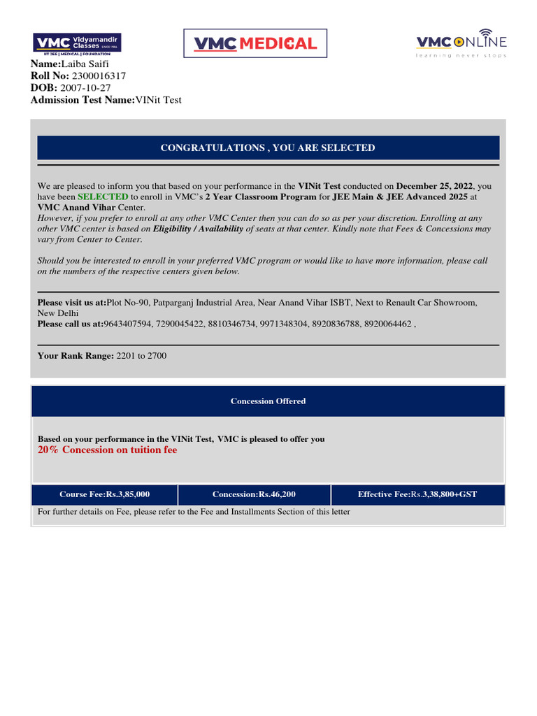 VMC Anand Vihar Admission Result 2025 | PDF | Cheque