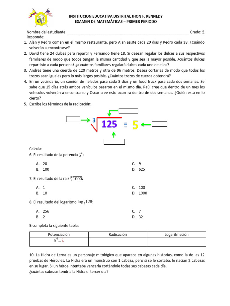 EXAMEN DE MATEMATICAS - GRADO 5 | PDF
