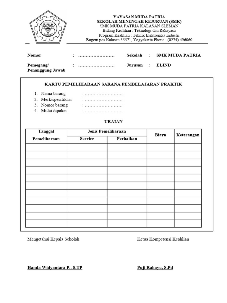 Kartu Pemeliharaan Sarana Pembelajaran Praktik Elind | PDF