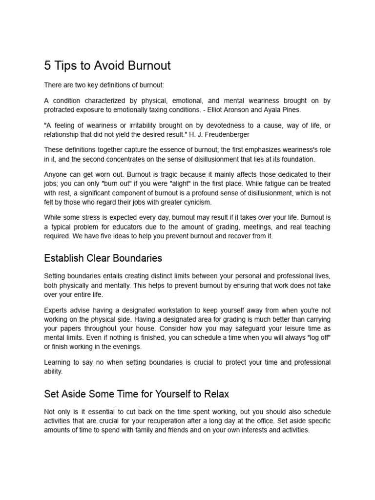 5 Tips to Avoid Burnout | Download Free PDF | Occupational Burnout ...