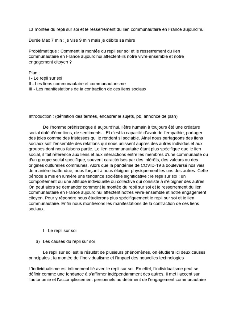 Repli sur soi et lien communautaire en France | PDF | Individualisme ...