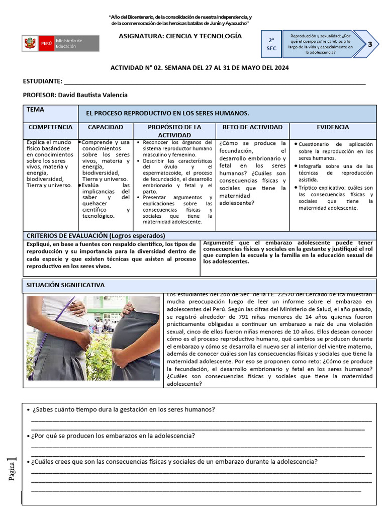 2°sec - UNIDAD 3 - ACTIVIDAD 2 (CyT Explica 2024) - El Proceso Reproductivo de Los Seres Humanos ...
