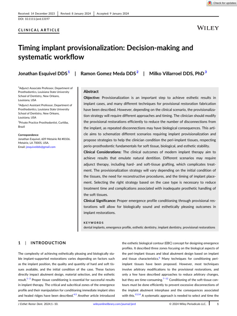 J Esthet Restor Dent - 2024 - Esquivel - Timing Implant Provisionalization Decision Making and ...