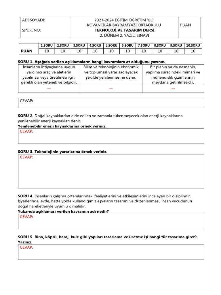 2023 2024 7 8. Sinif Teknoloji Ve Tasarim 2. Donem 2. Yazili | PDF
