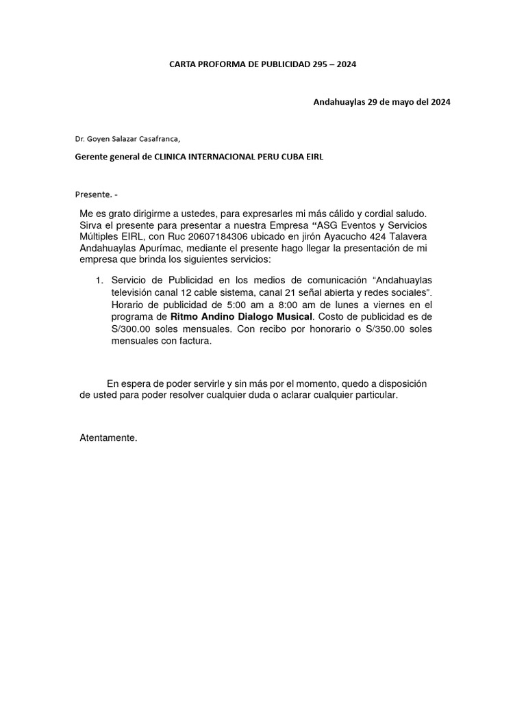 Carta Proforma de Publicidad 295 | PDF