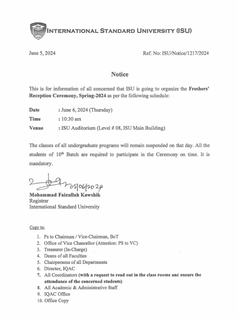 Notice Freshers' Reception Spring 2024 | PDF