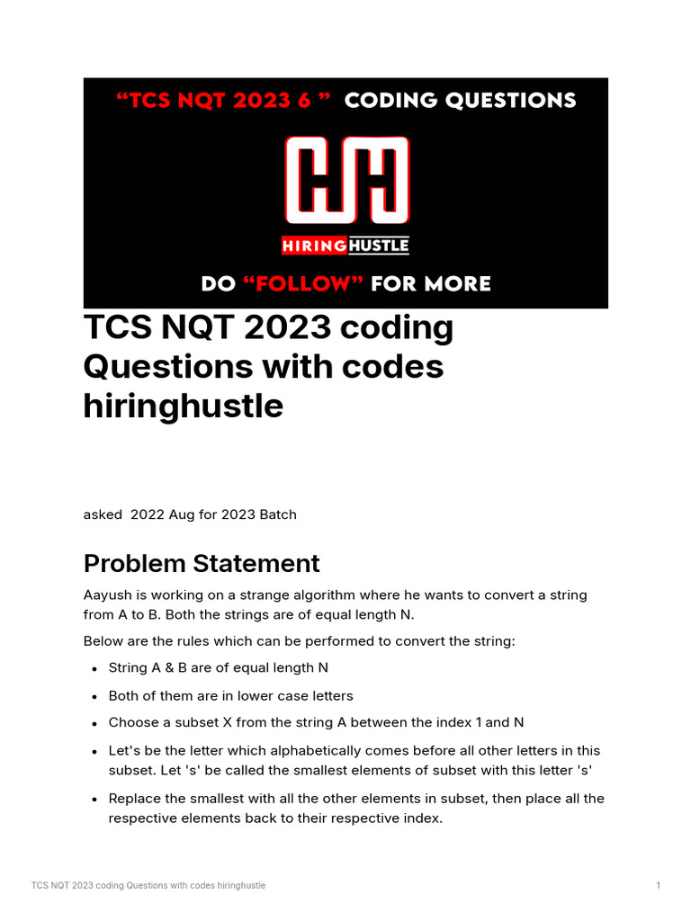 TCS NQT 2023 Coding Questions With Codes Hiringhus | PDF | String (Computer Science) | Matrix ...