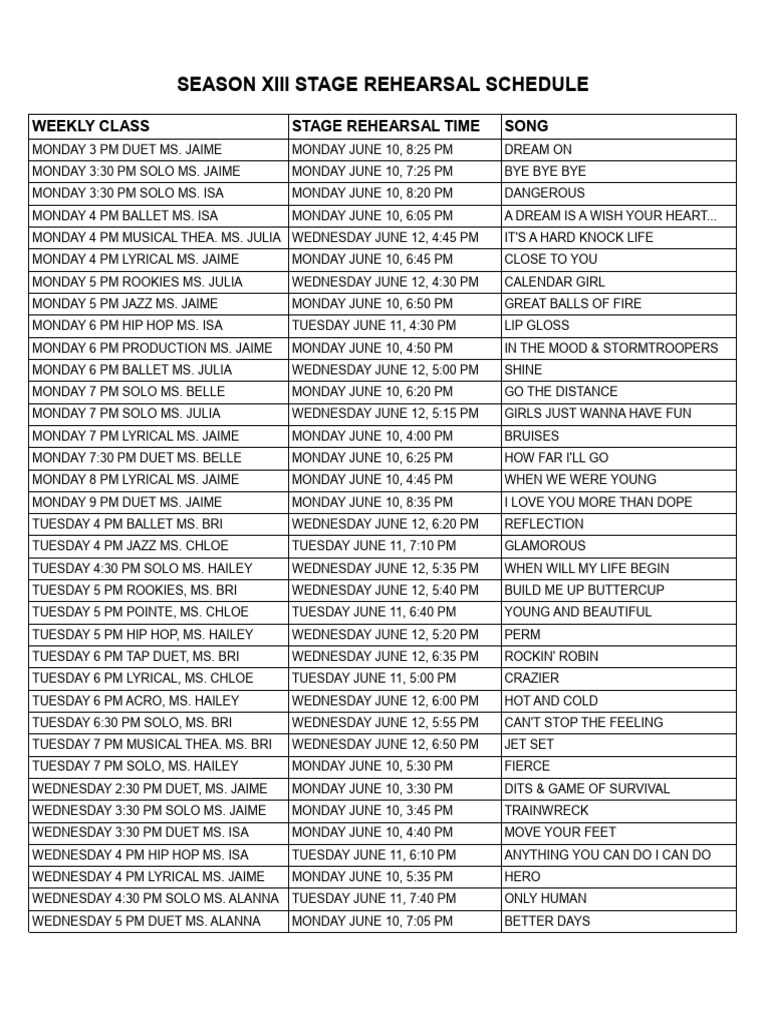 Stage Rehearsal Schedule 2024 | PDF