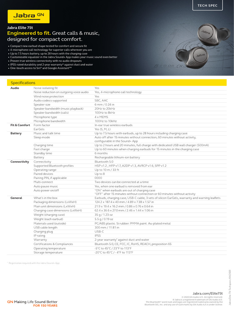 Jabra Elite 75t Techsheet A4 130520 | PDF | Headphones | Electronics