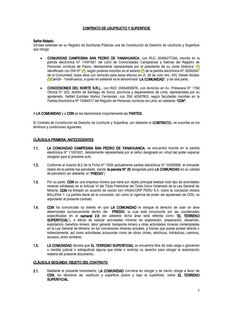 Contrato Usufructo y Superficie - CC San Pedro de Yanahuanca - Con CDN 2024 | PDF | Minería ...