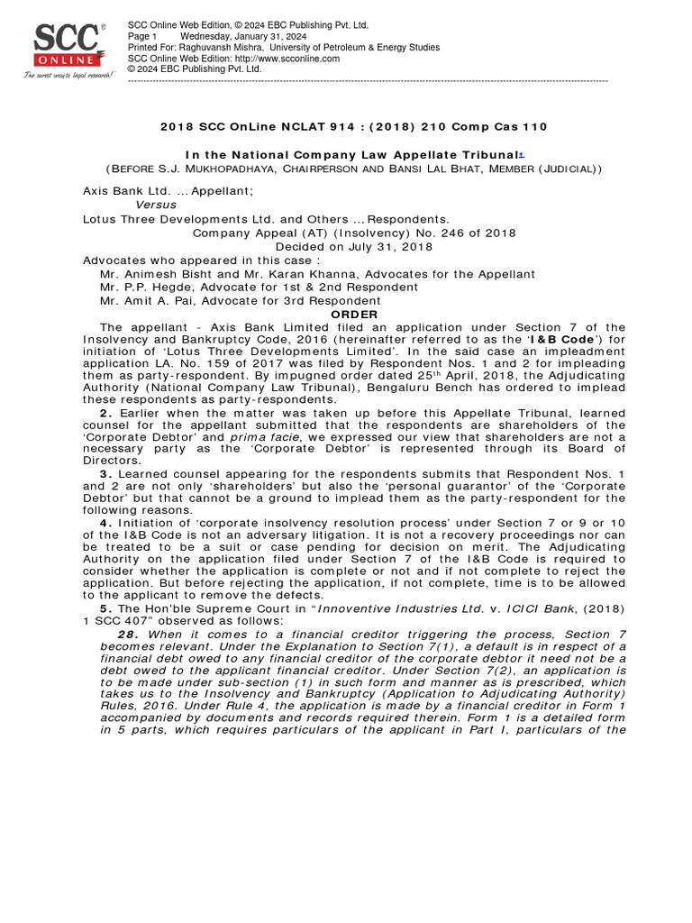 Lotus Three Dev. V Axis Bank | PDF | Bankruptcy | Insolvency