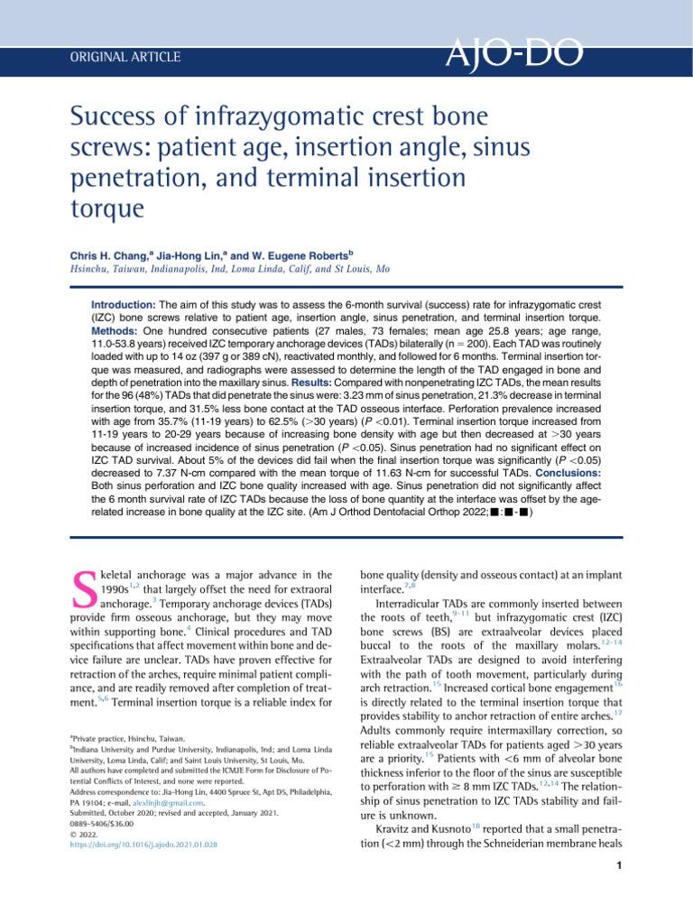 Success of Infrazygomatic Crest Bone Screws | PDF | Dental Implant | Tooth
