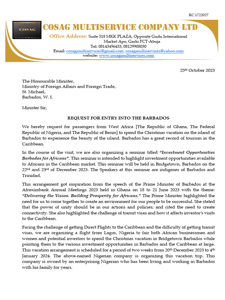 Request For Entry Into Barbados | PDF | Barbados | Nigeria