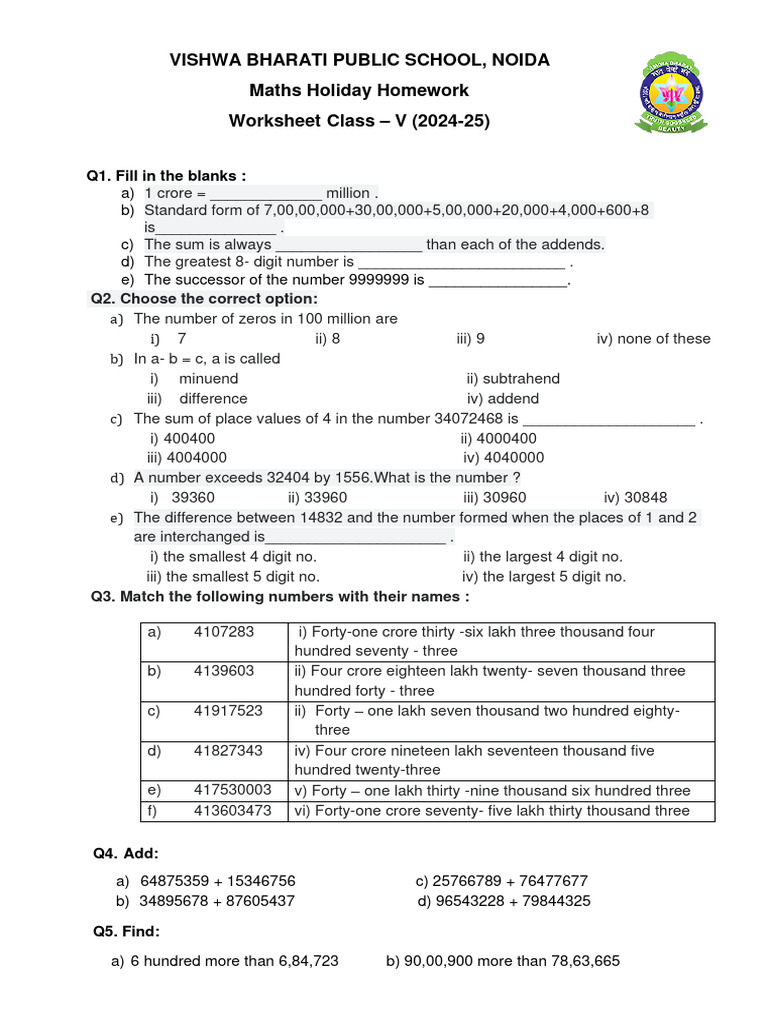 maths holiday homework 2024-25 | PDF | Subtraction | Numbers
