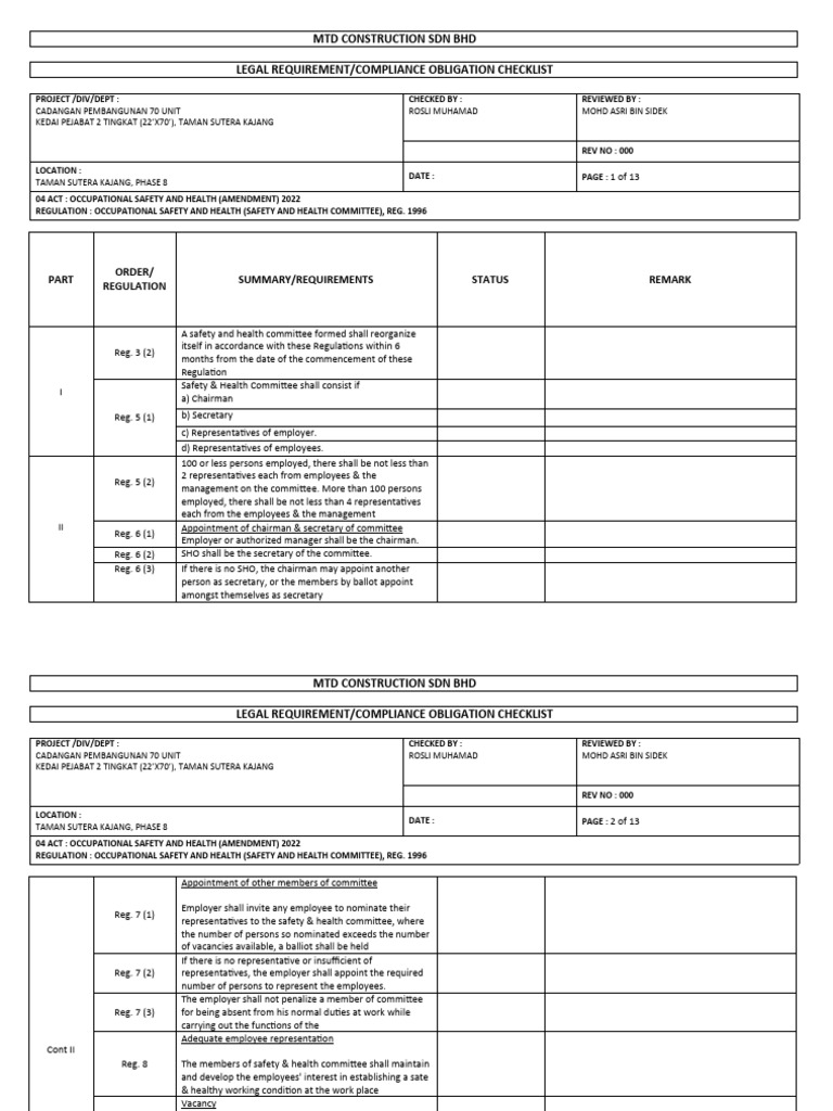 Legal Requirement, Compliance Obligation Checklist TSK P8 D | PDF ...