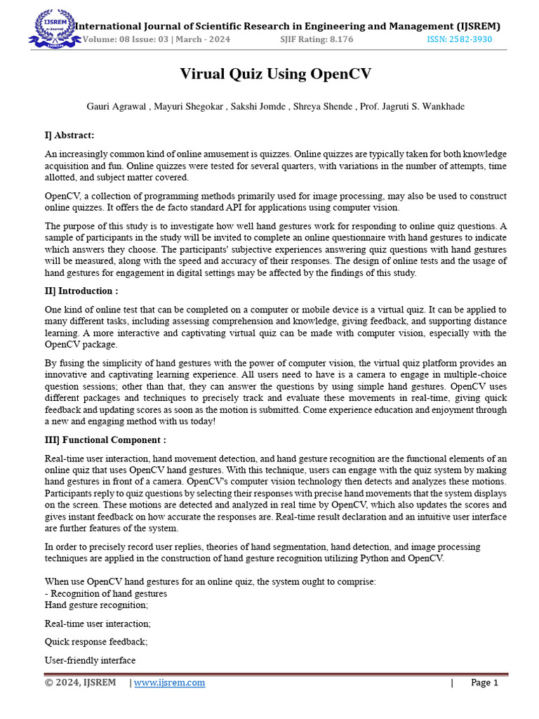 Virual Quiz Using OpenCV | PDF | Human–Computer Interaction | Computer Vision