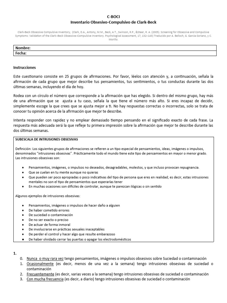 Inventario Obsesivo-Compulsivo C-BOCI | PDF | Conceptos psicologicos ...