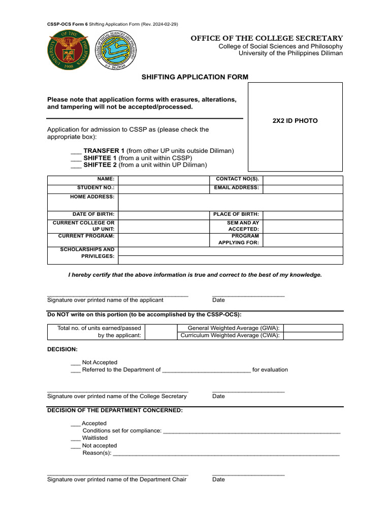 Shifting Application Form CSSP-OCS Form 6 | PDF