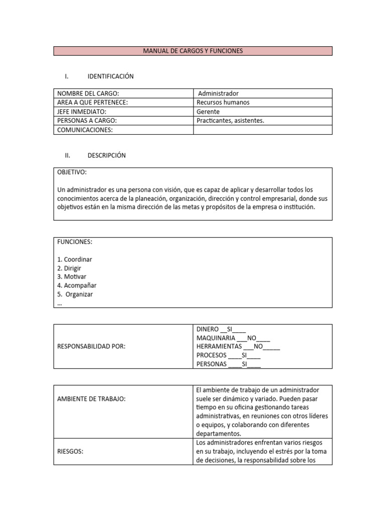MANUAL DE CARGOS Y FUNCIONES Administrador | PDF | Gestión de recursos humanos | Business