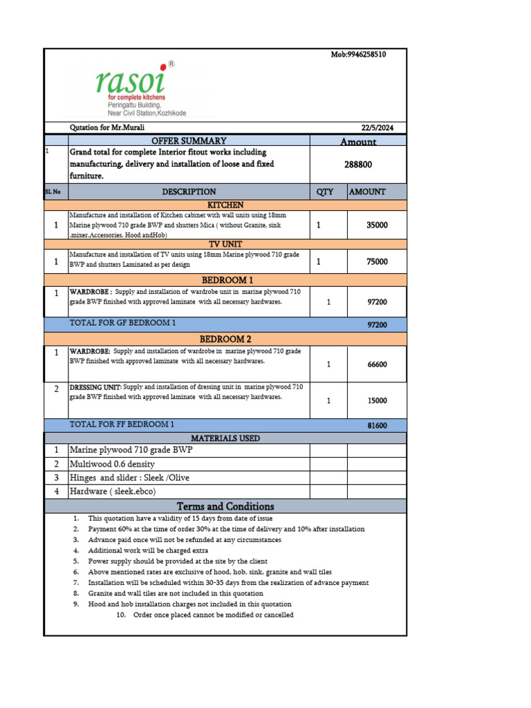 Quote MR Murali Ref REF | PDF | Interior Design