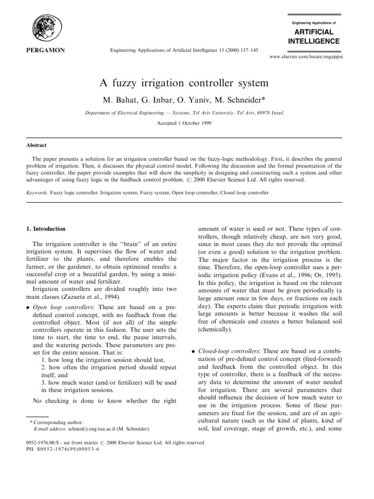 A Fuzzy Irrigation Controller System: M. Bahat, G. Inbar, O. Yaniv, M ...
