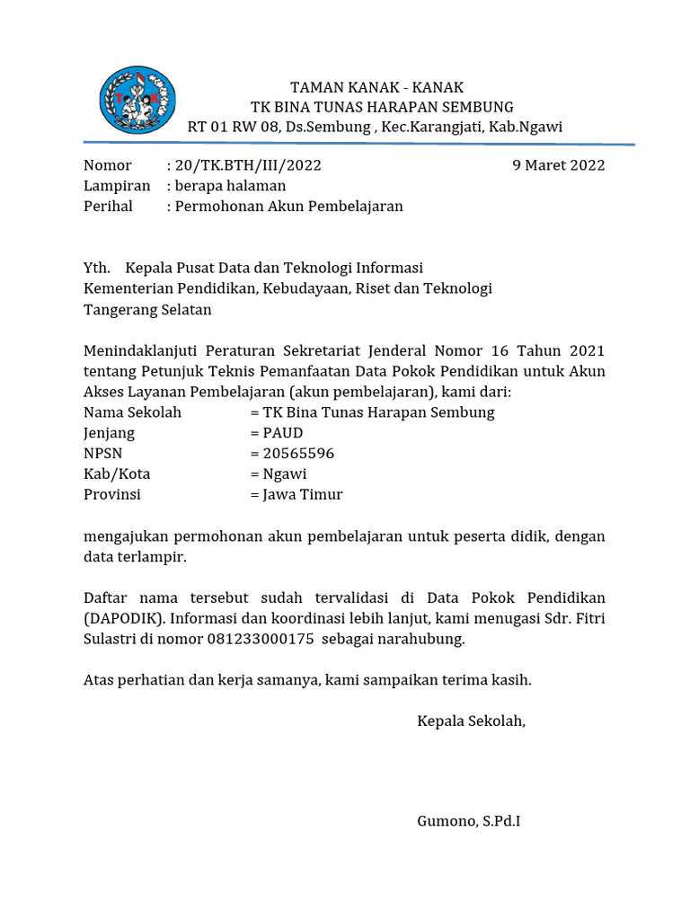 Contoh Surat Permohonan Akun Untuk Peserta Didik | PDF
