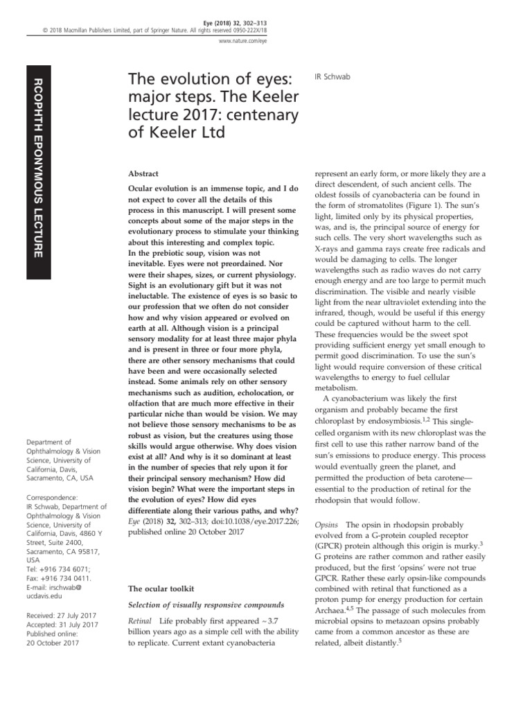 The Evolution of Eyes: Major Steps. The Keeler Lecture 2017: Centenary ...