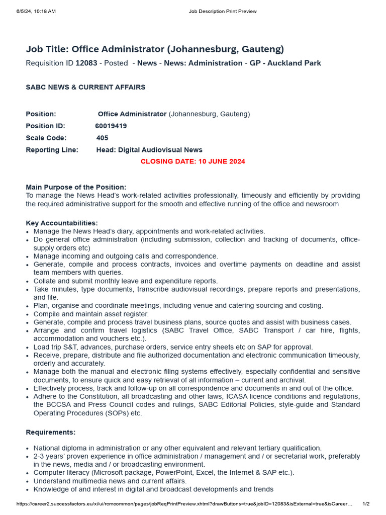 Office Admin Role at SABC News | PDF | News