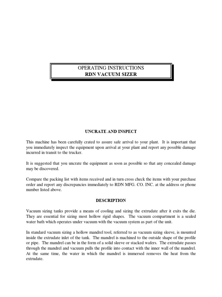 RDN Vacuum Sizer Operating Instructions | PDF | Pump | Bearing (Mechanical)